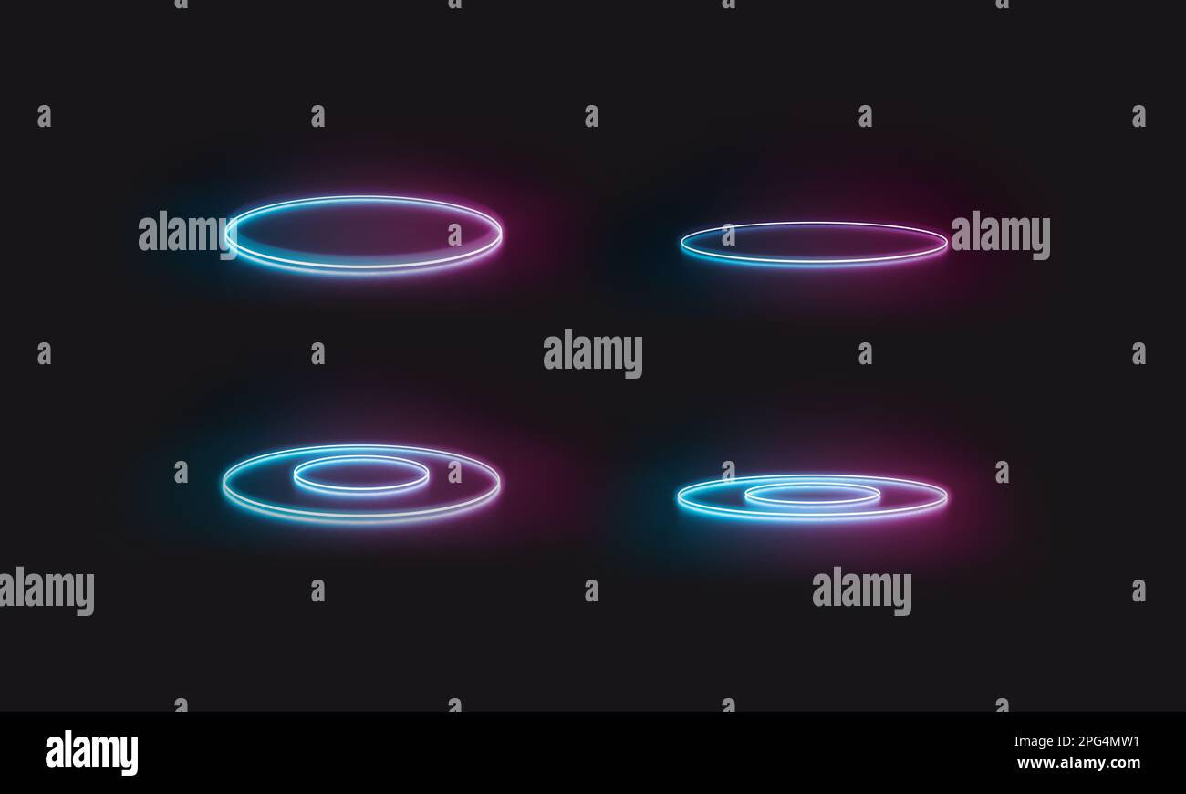 Colored neon glowing circle frame on floor, different views Stock Photo ...