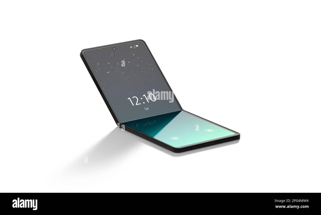 Blank turned on flexible chamshell phone display half folded mockup ...