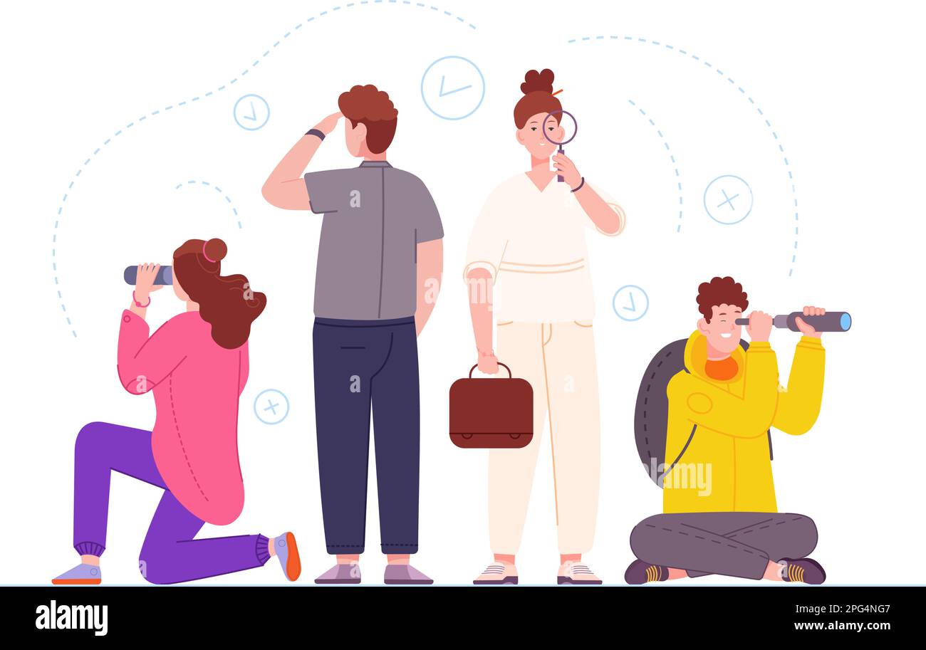 Searching new horizons. People with telescope or binocular looking far ...