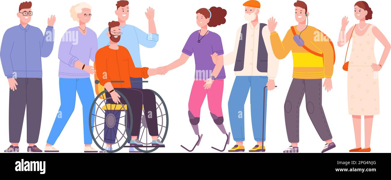 Disabled people friends. Students or elderly with special needs and ...