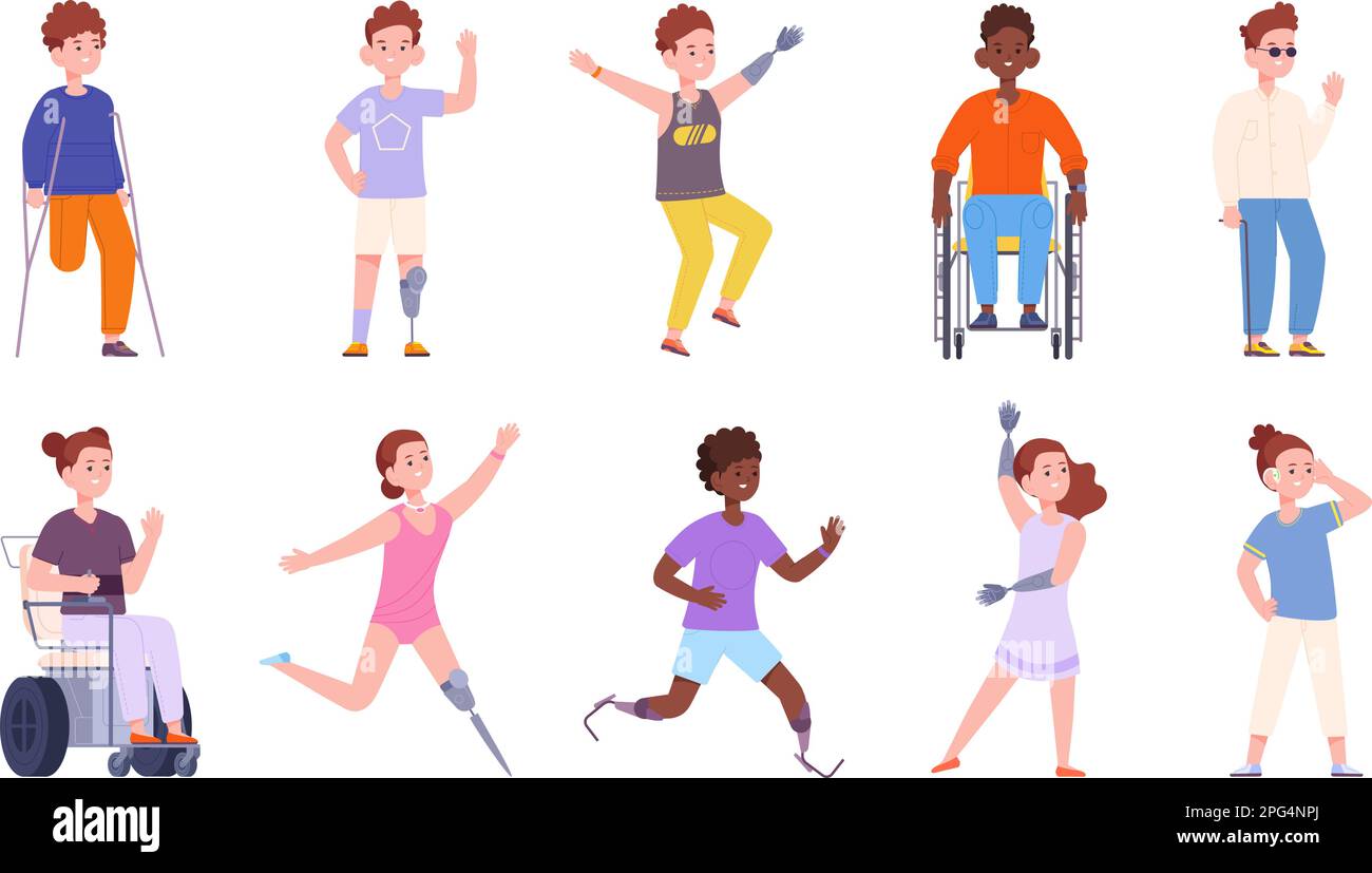 Cartoon children. Handicap kids in wheelchair, crutches or prosthesis ...