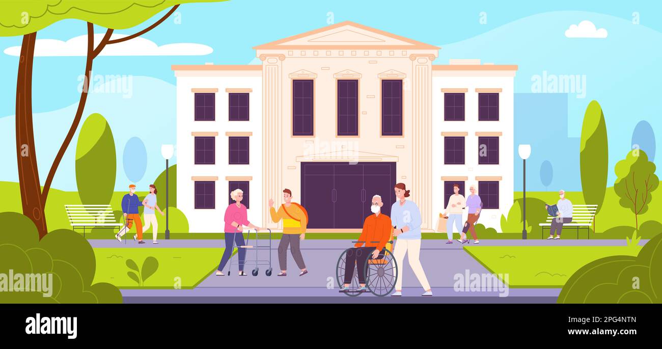 Nursing home building. Elderly people in wheelchair and nurse caregiver ...