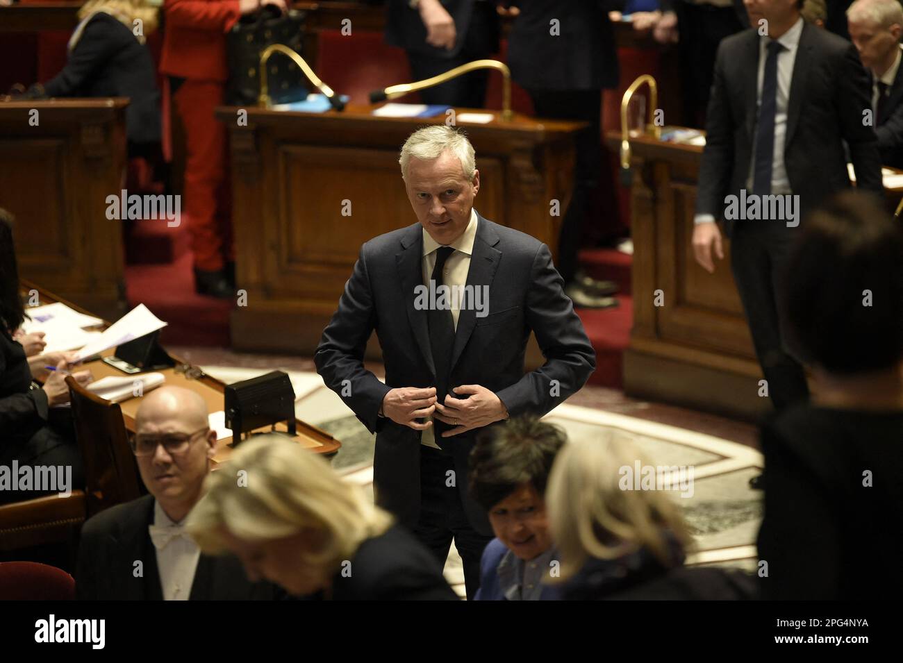 Paris, France. 20th Mar, 2023. French economy Minister Bruno Le Maire during the vote of two ...