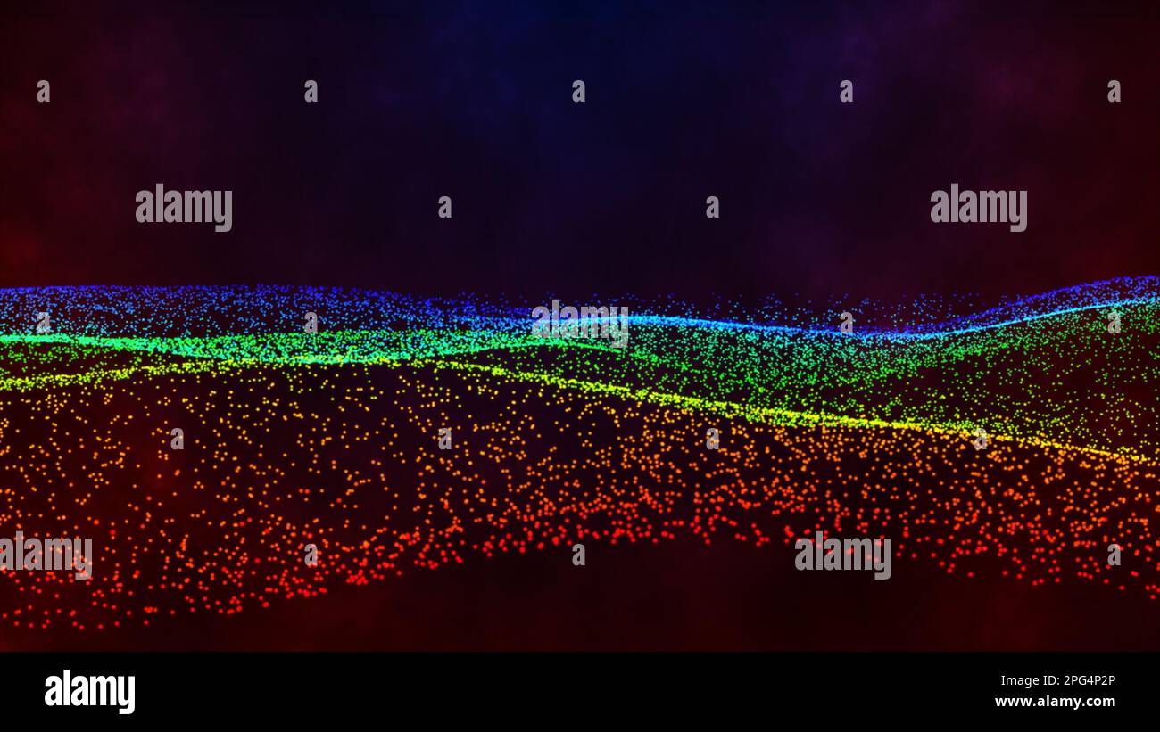 Multicolor particles dots wave flowing over dark. 3d rendering. Flowing ...