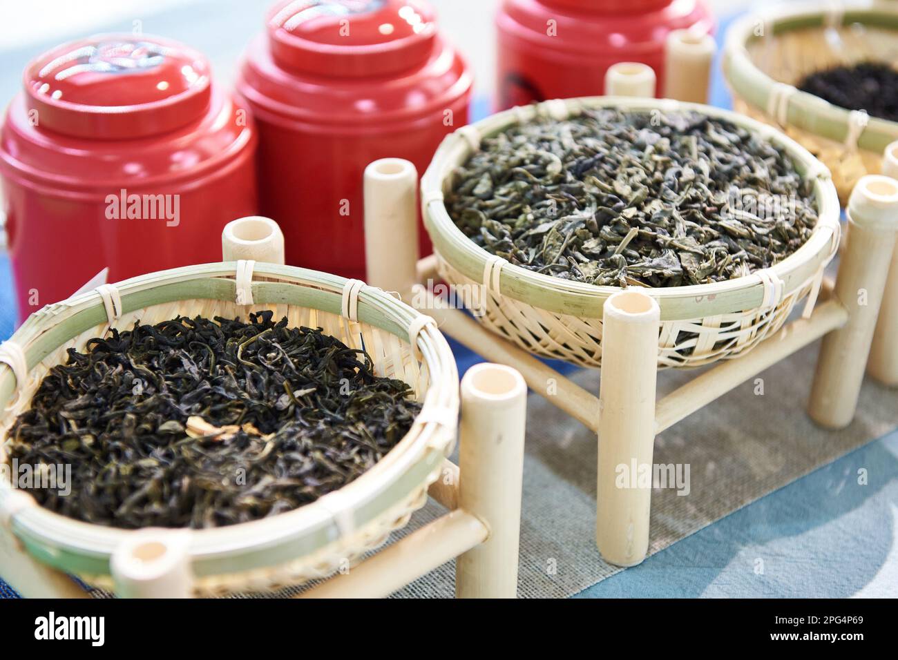 Different varieties of tea at the exhibition Stock Photo - Alamy
