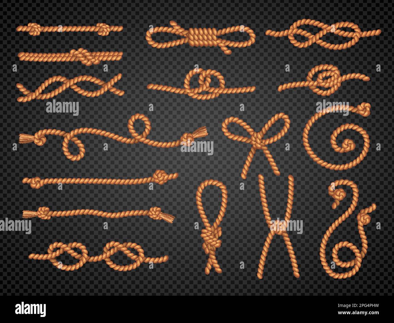 Rope with knot. Realistic marine rope curved shapes different pieces ...