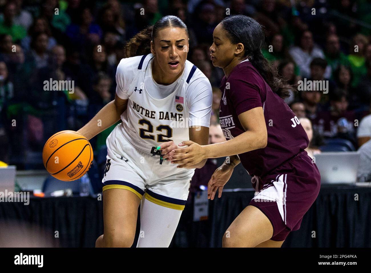 Notre Dame's Kylee Watson (22) drives against Mississippi State's ...
