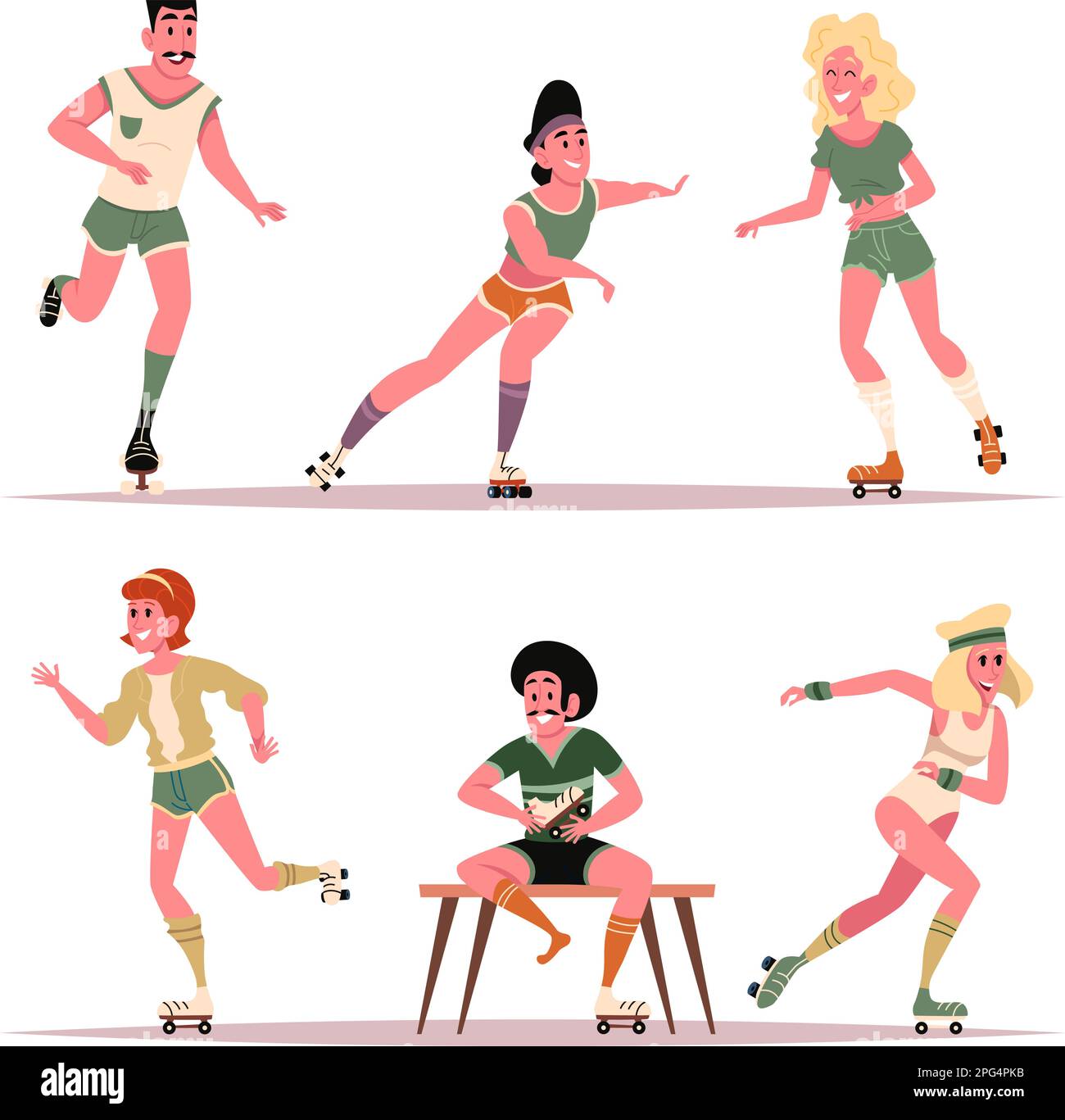 Retro rollers. Male and female skaters in action poses exact vector ...