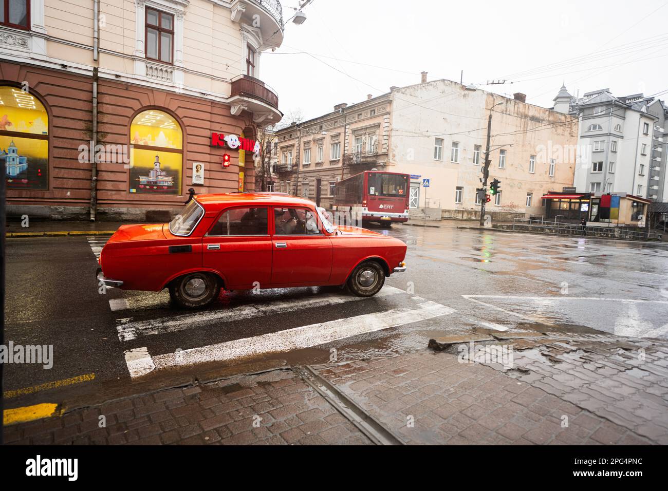 Ivano-Frankivsk, Ukraine - March, 2023: Red Moskvich AZLK Soviet ...