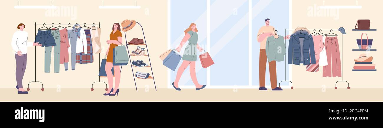 Fashion store, designer outlet or boutique. Happy people buy clothes ...