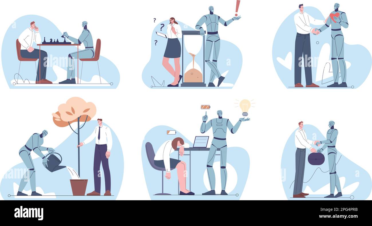 Android robotics and people work. Robot vs human in job, competition ...