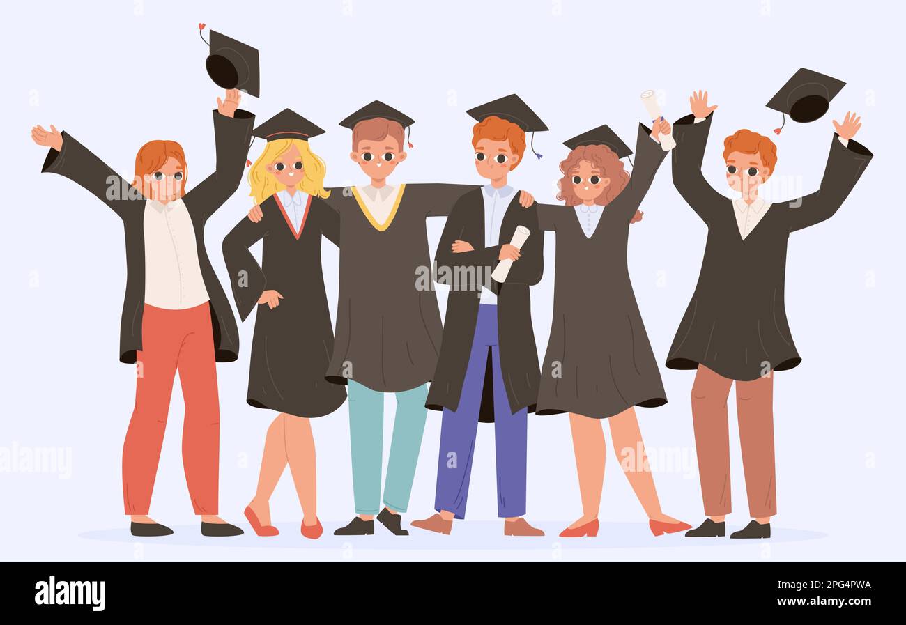 Graduates crowd hugging and throwing academy hats. Students graduate ...