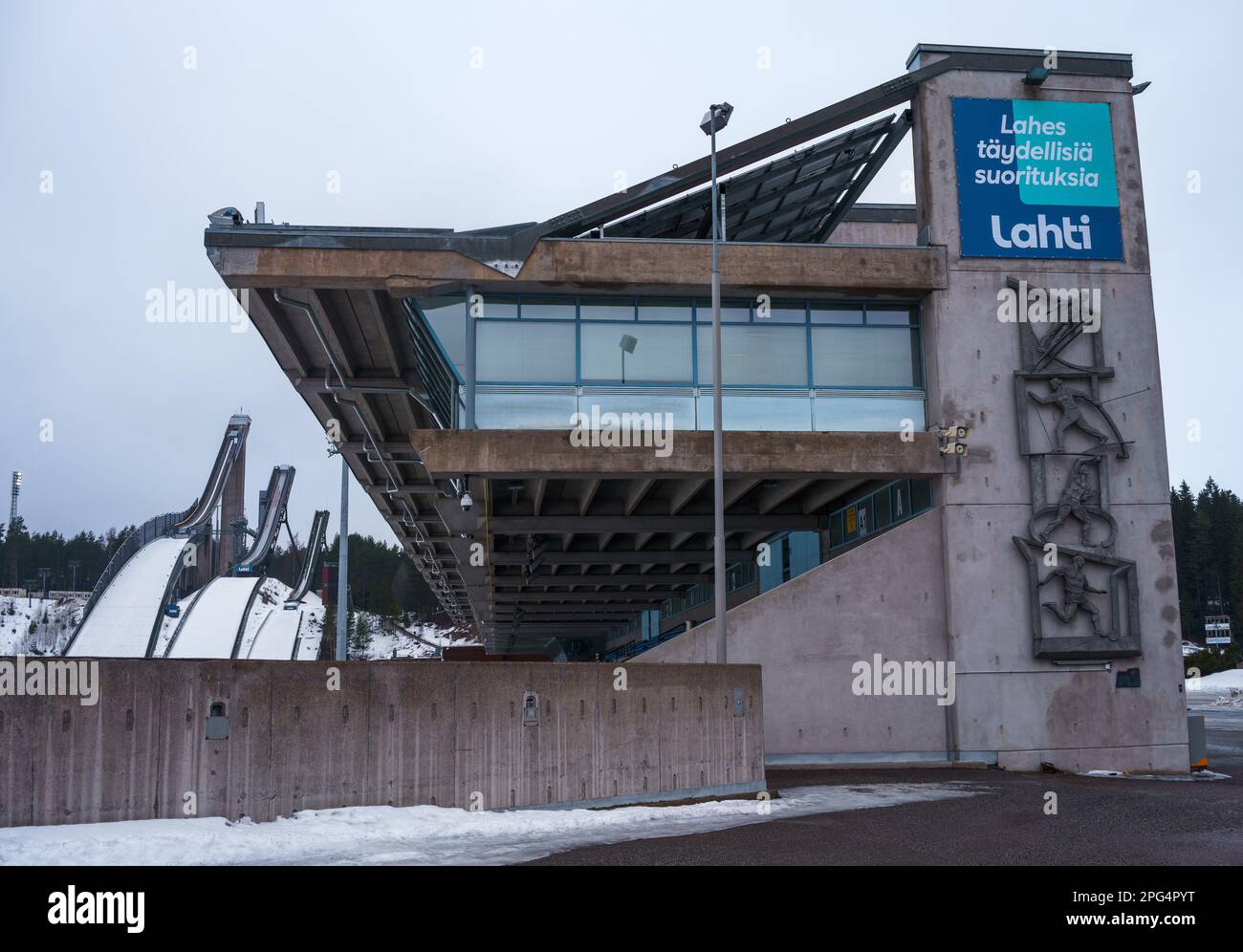 Lahti Stadium in winter with ski jump towers in the background. Lahti ...