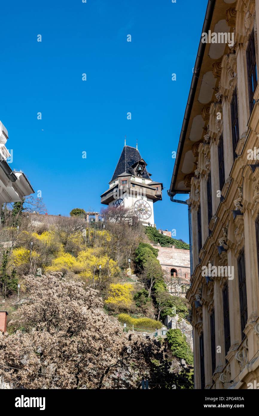 Graz, Austria-March 11th, 2023: Famous Schlossberg tower with big ...
