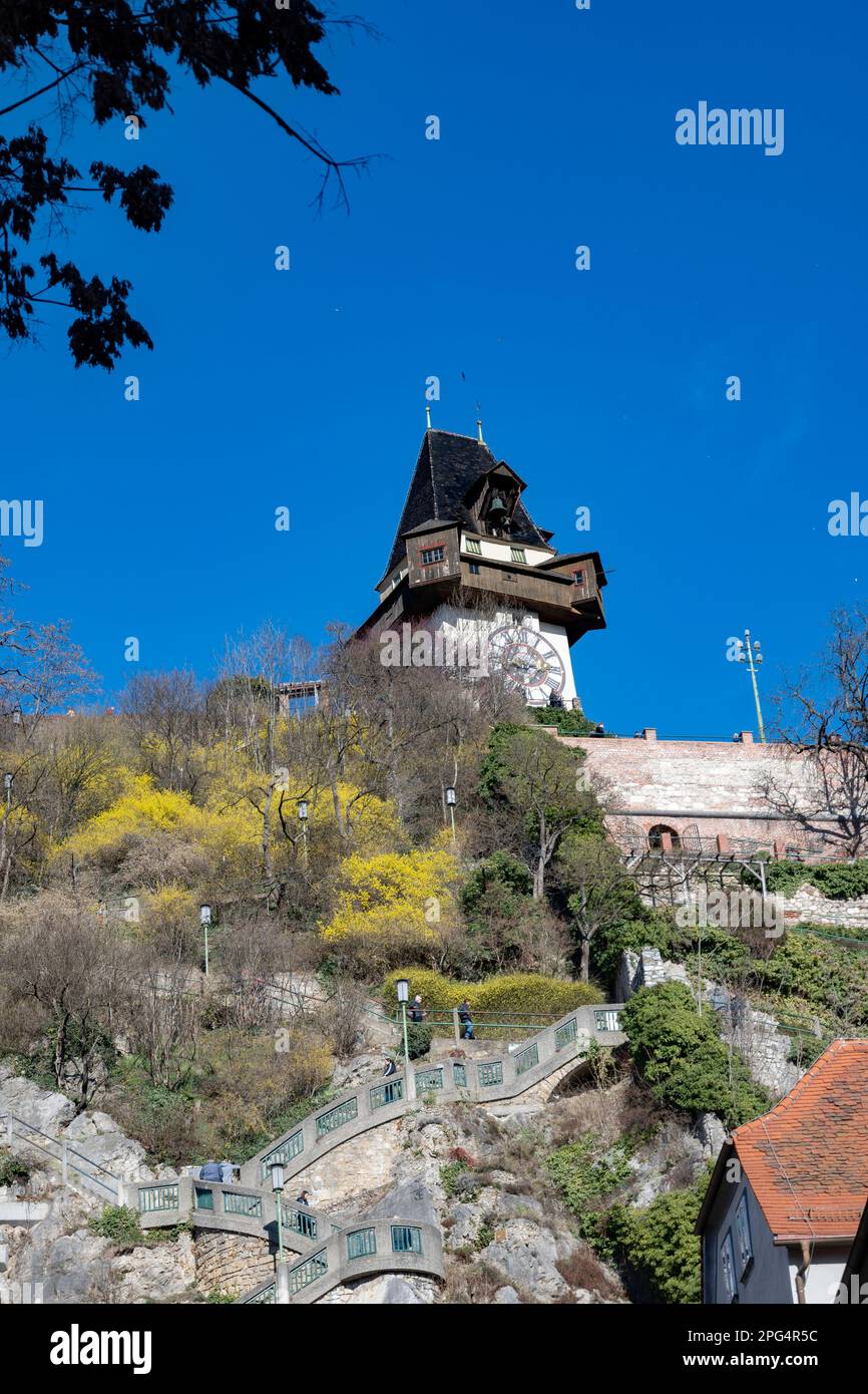 Graz, Austria-March 11th, 2023: Famous Schlossberg tower with big ...