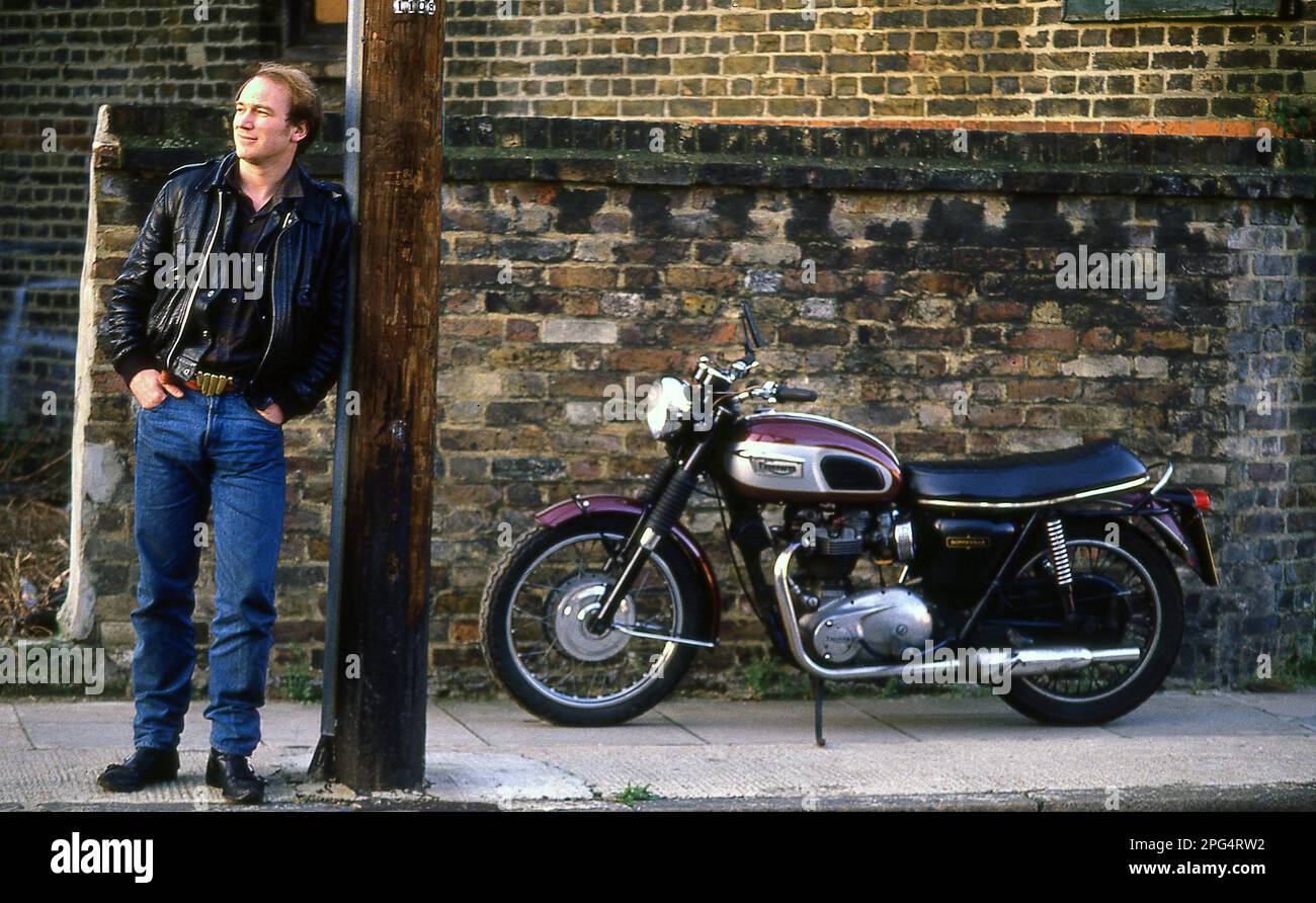 Actor Tim Woodward with his Triumph Bonneville classic motorcycle Stock ...