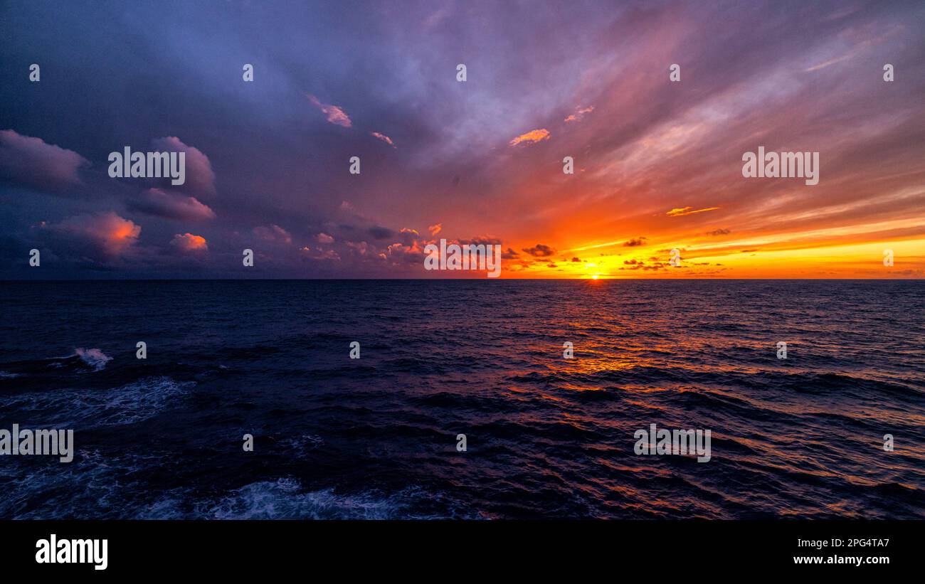 Sunset, sea, red sky, Atlantic, ocean, Azores, panorama, wide angle ...
