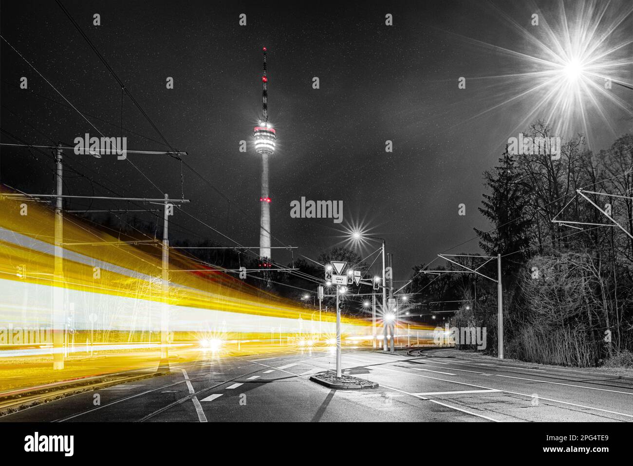 Stuttgart television tower at the speed of light,colorkey,tram ...