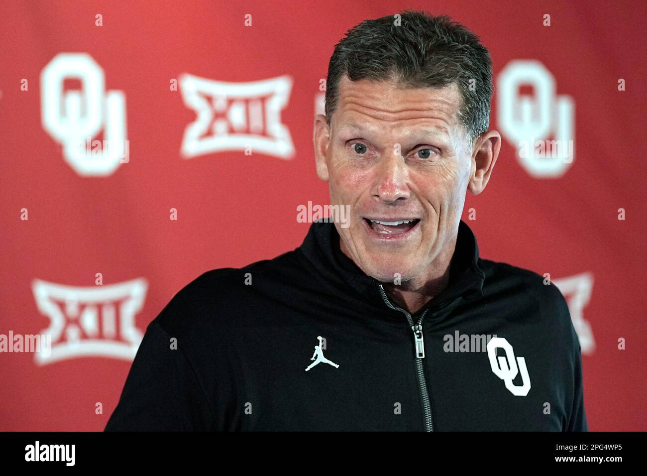 Oklahoma head coach Brent Venables answers a question during an NCAA ...