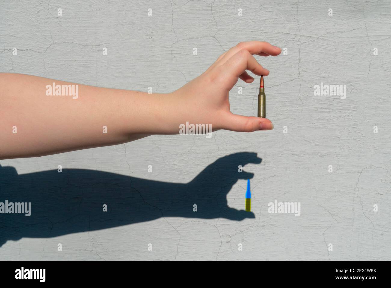 Rifle cartridge in hand. Hand shadow forms on wall. Shadow from the ...