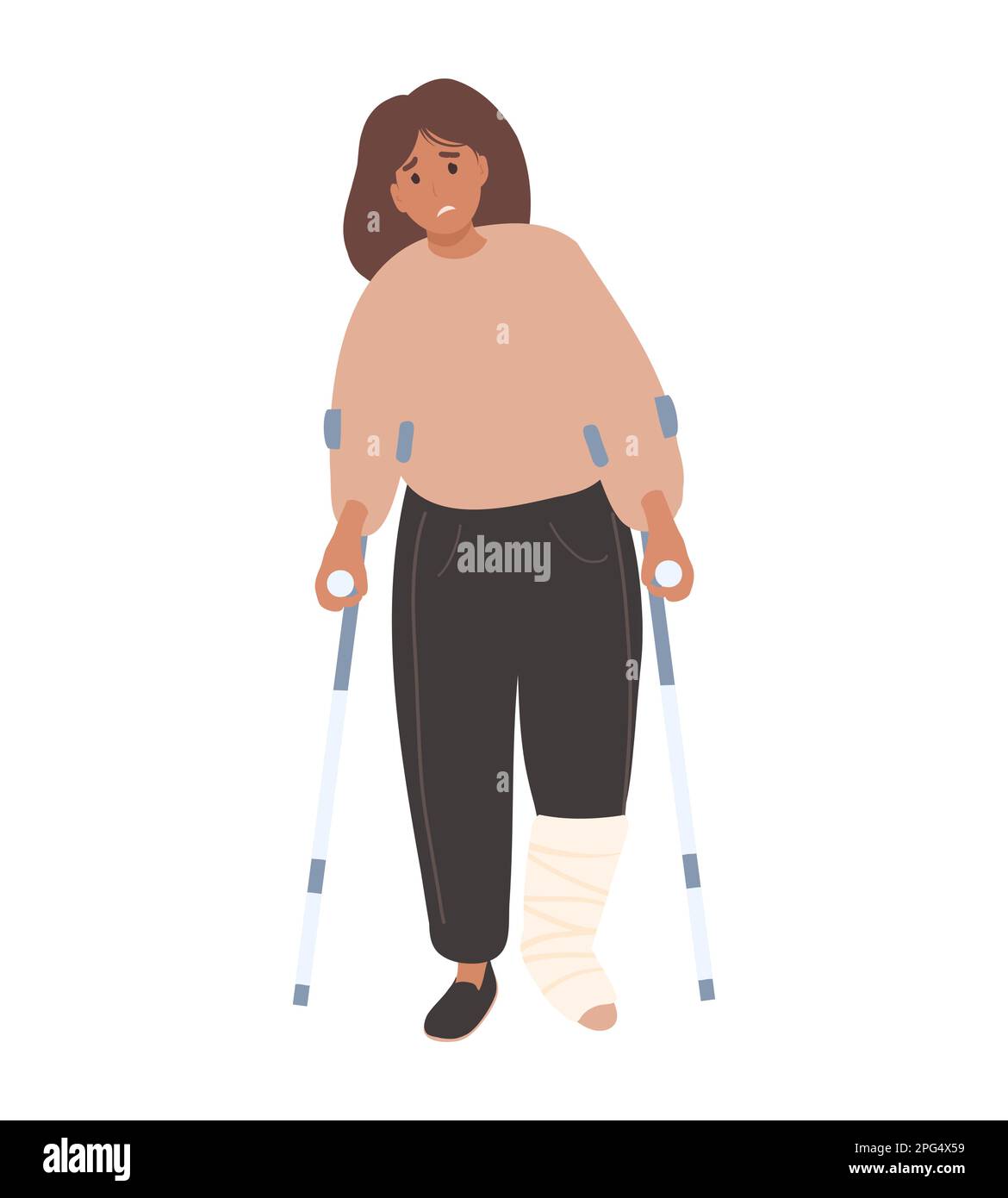 Woman with crutches and plastered foot, broken Leg in cast. Bandaged ...