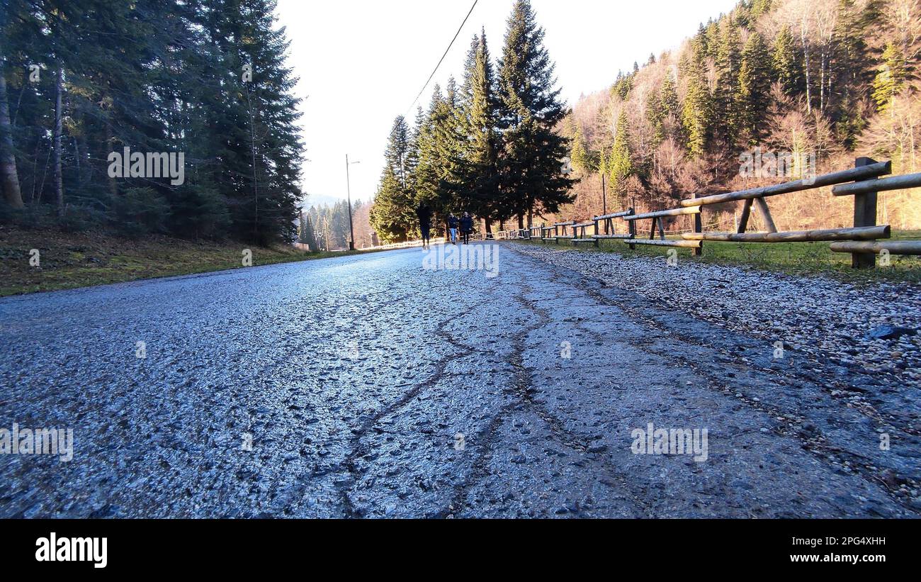 A scenic rural landscape featuring a deserted two-lane road winding ...
