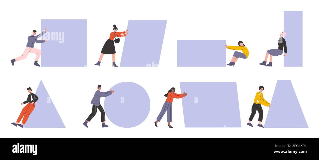 Cartoon people pushing shapes. Men and women with big different ...