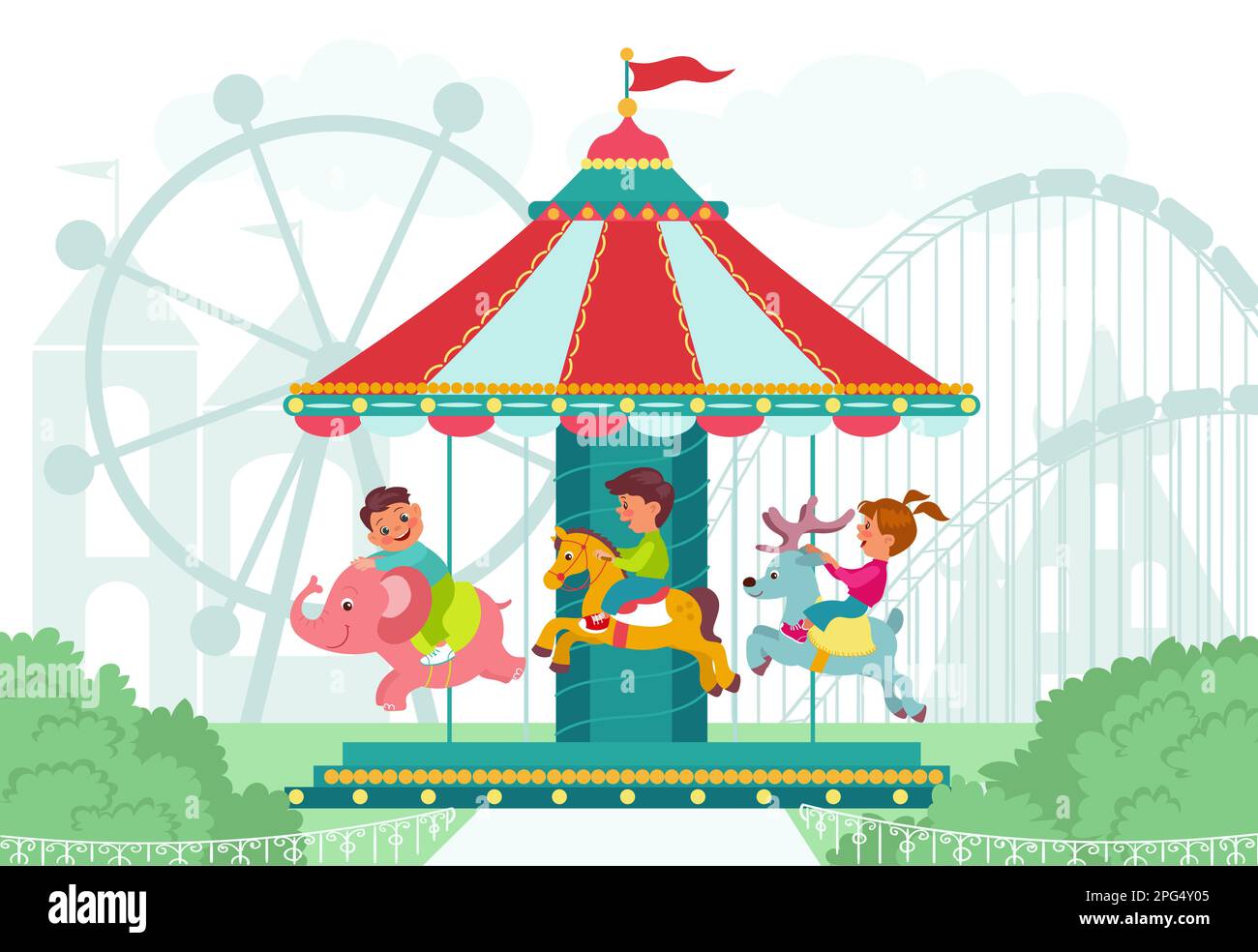 Happy children in amusement park. Happy kids on round carousel ...