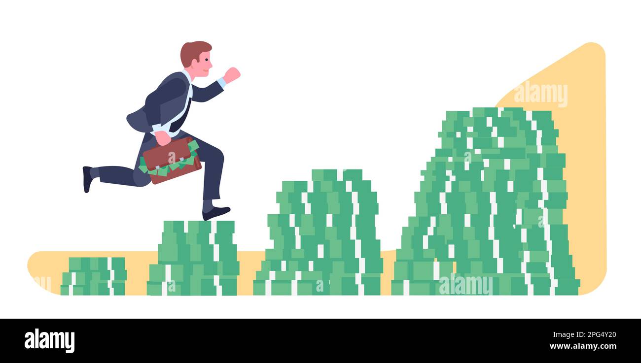 Happy rich man. Successful businessman runs up ladder with suitcase ...