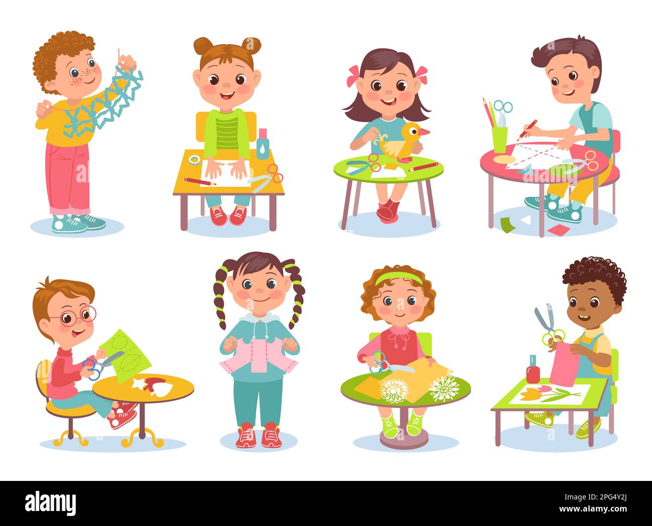 Kids paper craft. Children make decorations. Boys and girls glue ...