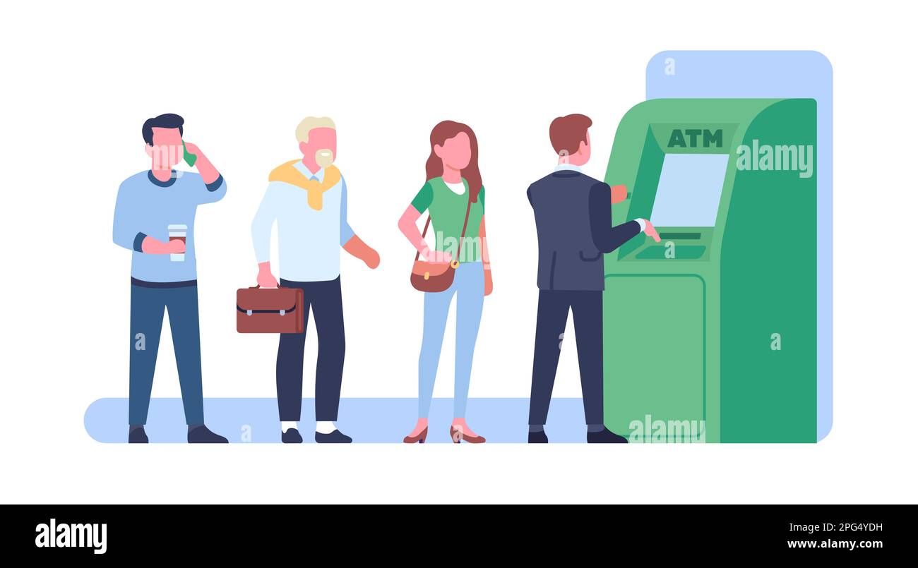People standing in waiting line at ATM. Queue of men and women to payment terminal. Banking ...