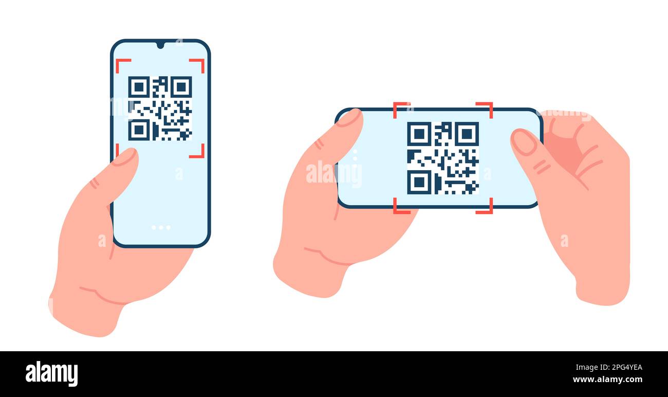 Scanning QR code on screen of phone. Smartphone application. Arms ...