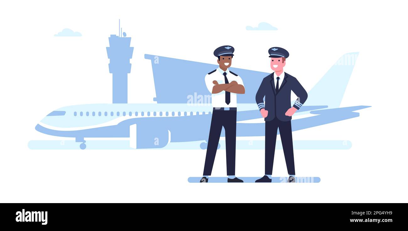 Two pilots in front of passenger plane. Airport staff. Airplane captain ...