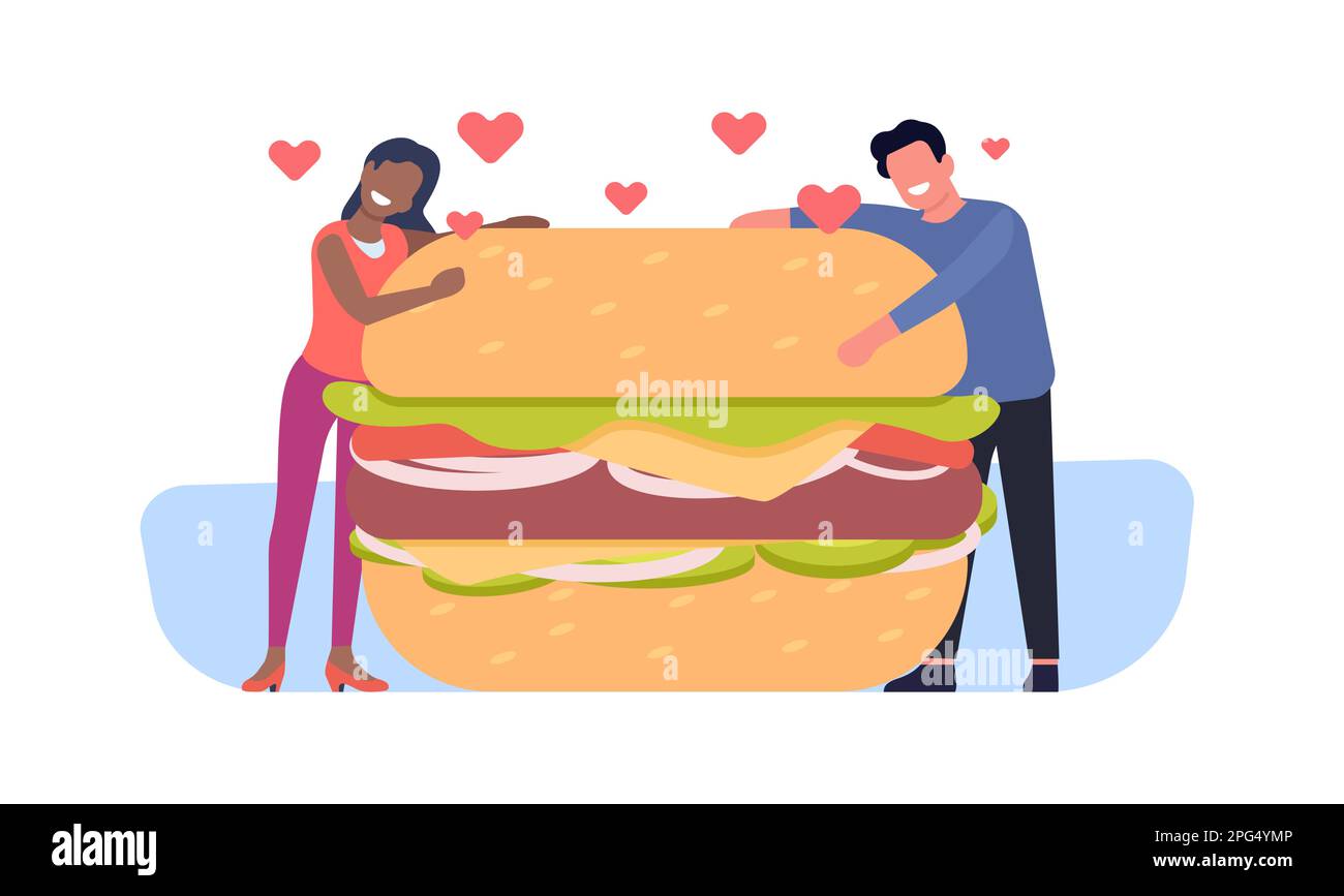 Young couple lovingly hugging yummy burger. Unhealthy snack. Man and ...