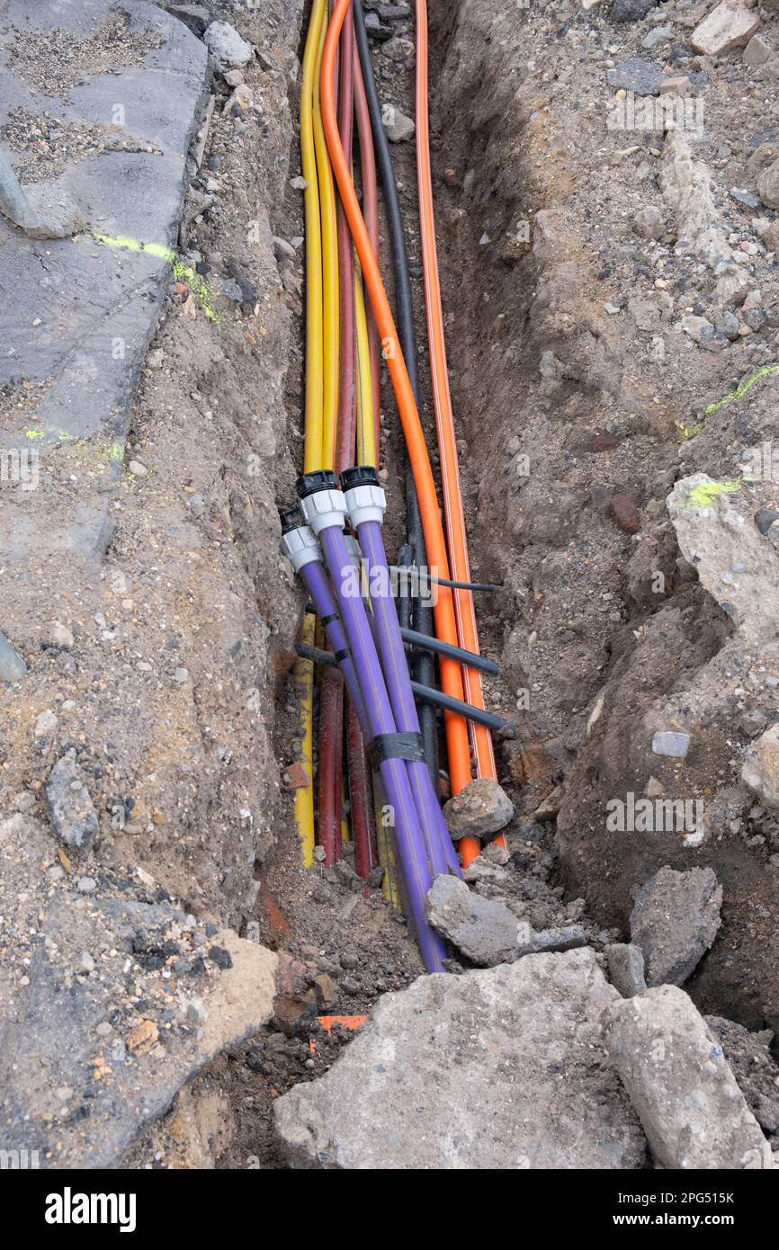 underground electric cable infrastructure installation. Construction ...
