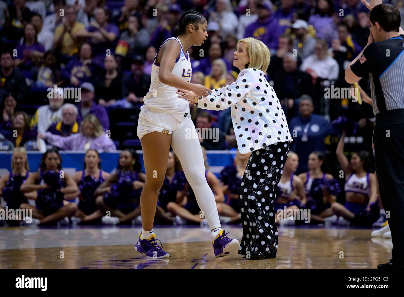 LSU head coach Kim Mulkey talks with LSU forward Angel Reese, left, in ...