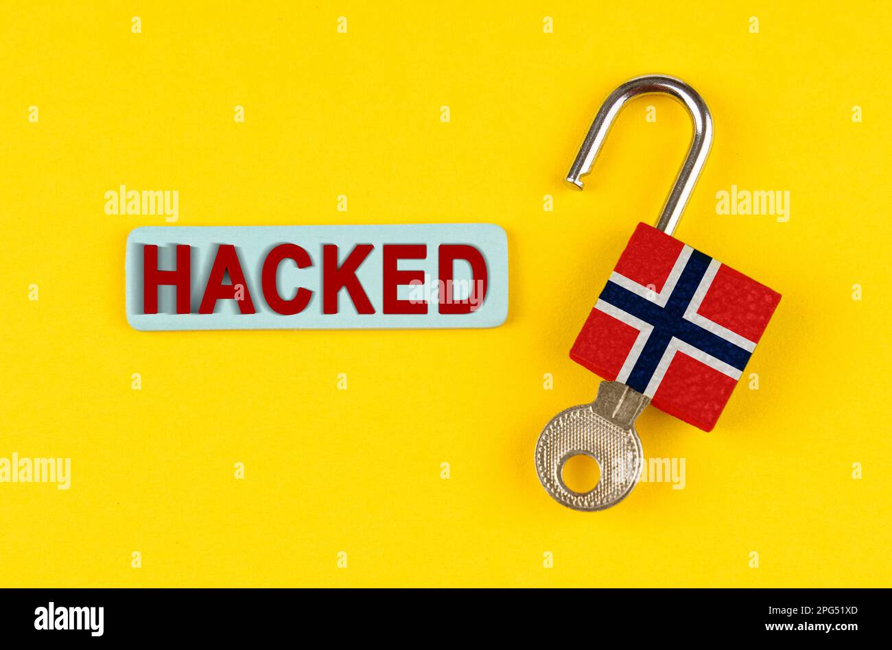 On a yellow surface, an open lock with the image of the flag of Norway ...