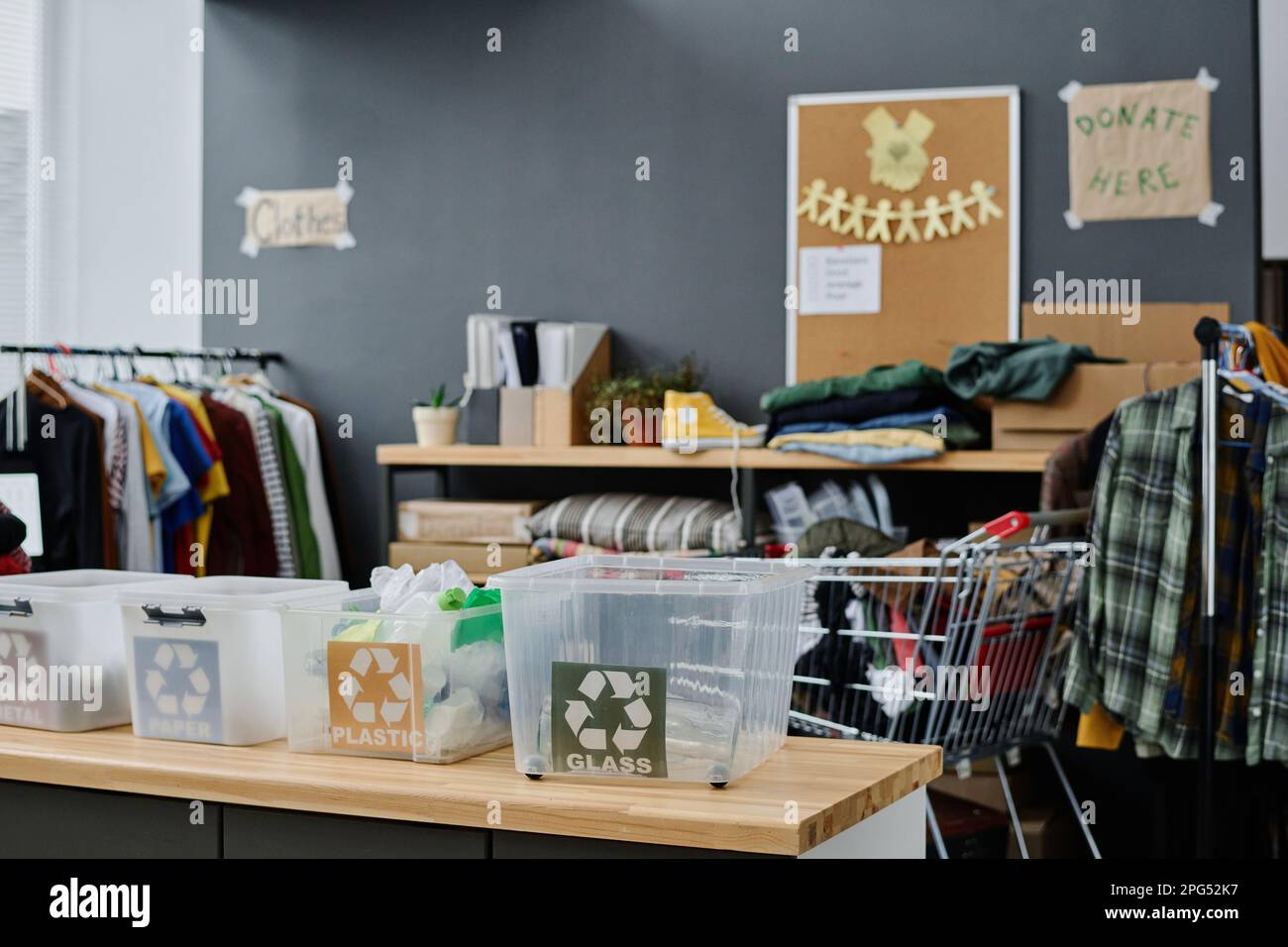 Part of spacious storage room or office of volunteering organization ...