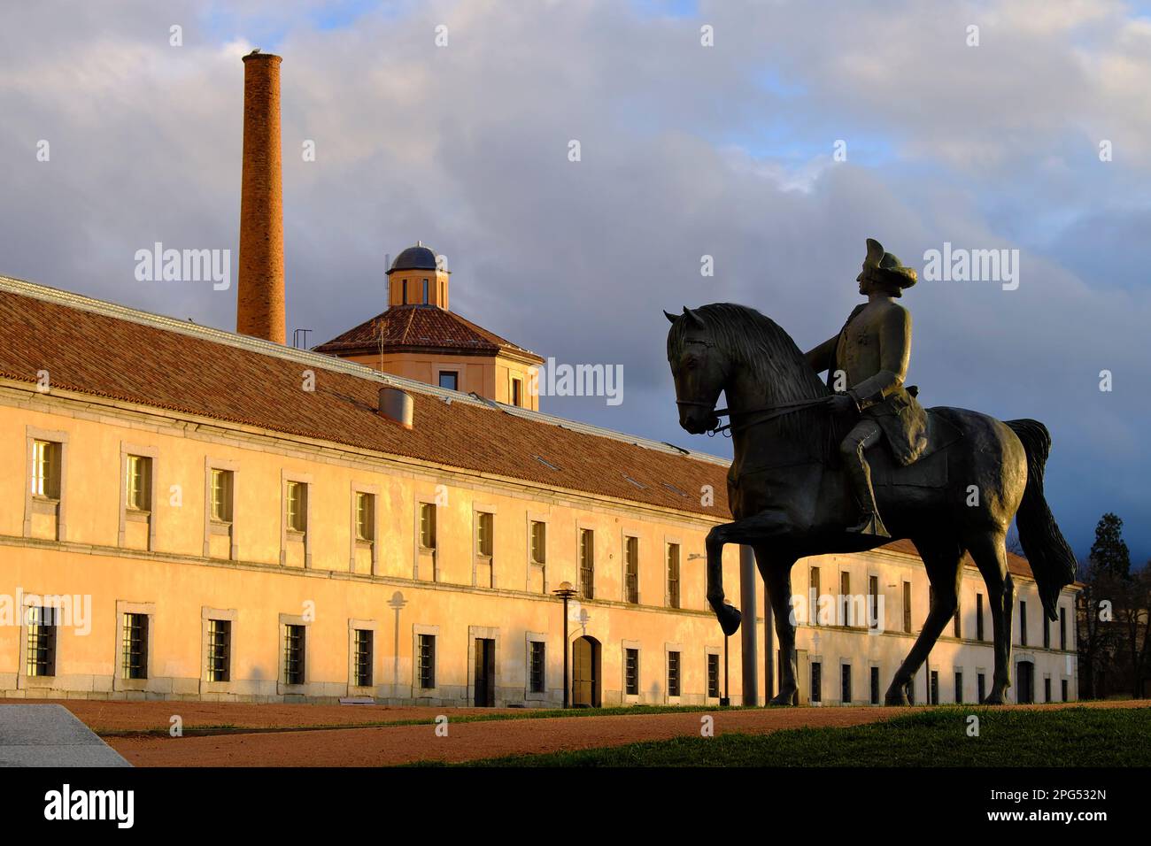 The statue of Charles III, work of the artist Ramiro Ribas, in front of ...