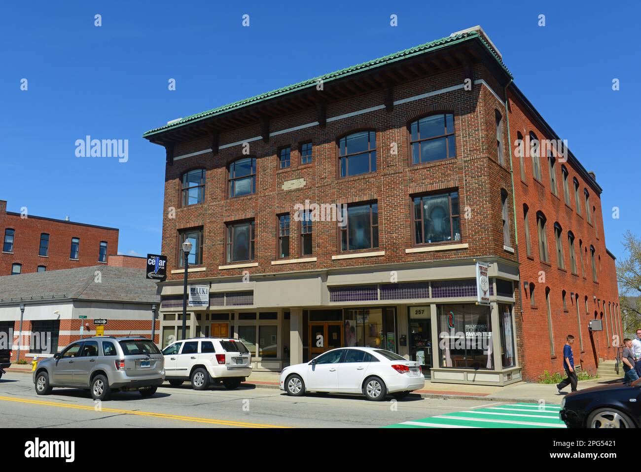 Historic commercial buildings on Main Street in historic town center of ...