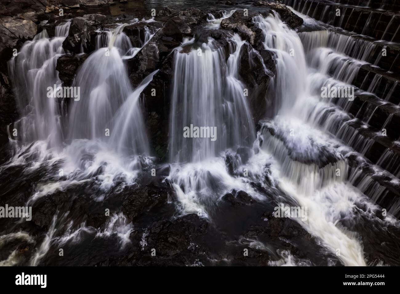 An aerial view over the Croton Gorge dam in upstate New York on a ...