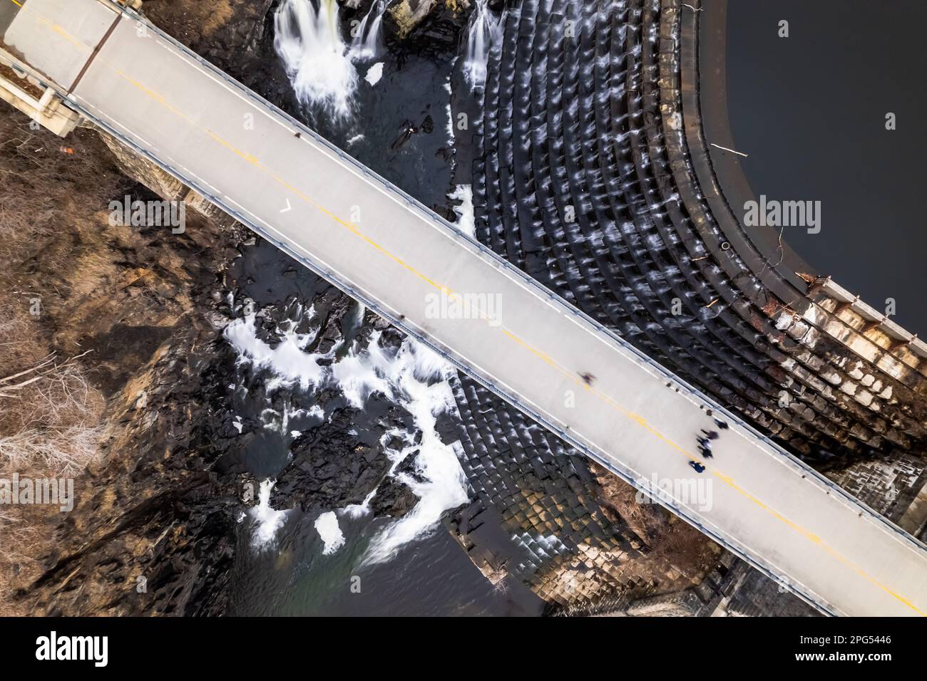 An aerial view over the Croton Gorge dam in upstate New York on a ...