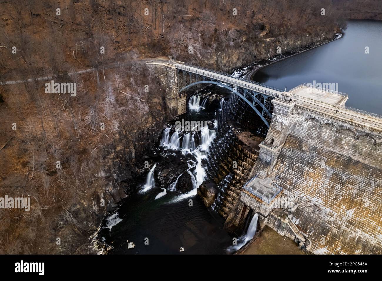 An aerial view over the Croton Gorge dam in upstate New York on a ...
