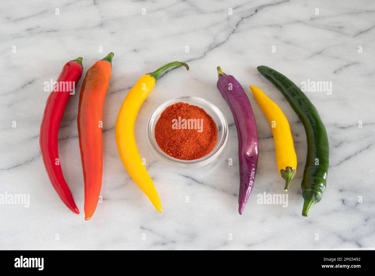 Close-up of different coloured chillies and ground chilli powder Stock ...