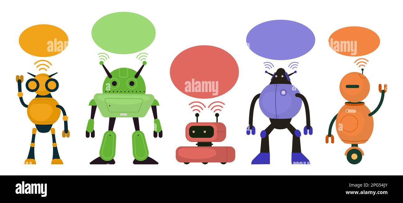 Artificial intelligence concept, set of robots with chat bubbles ...