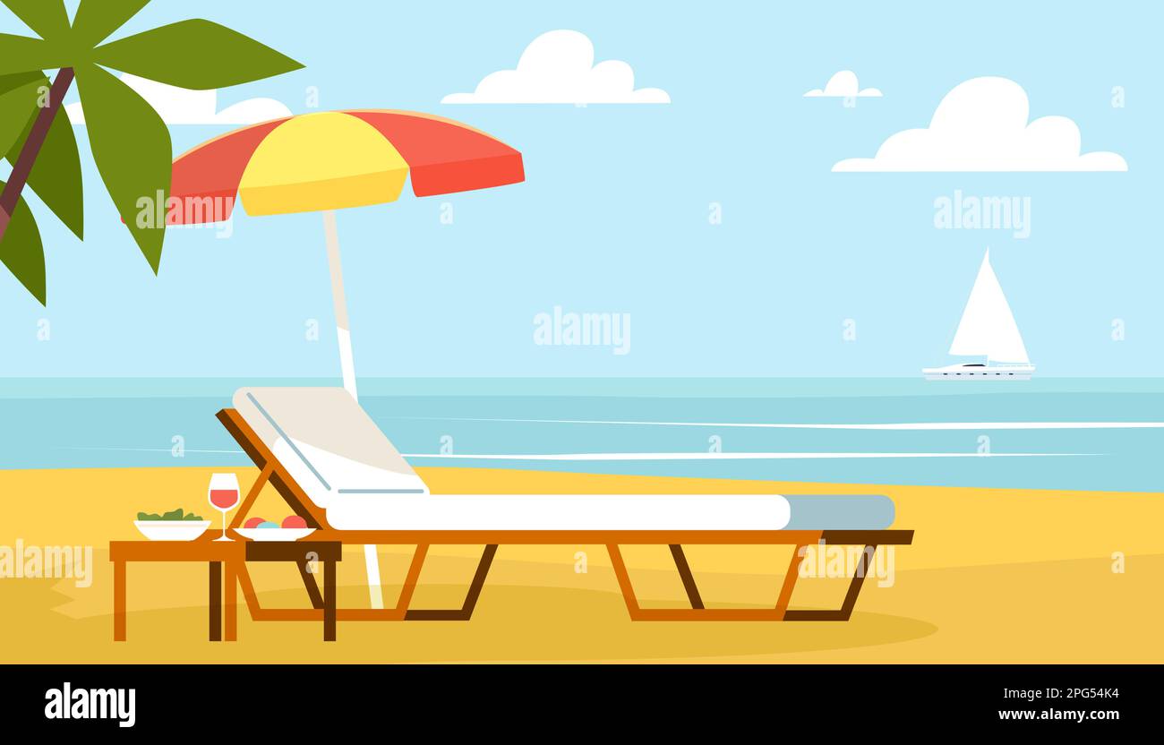 Beach scenery with beach umbrella, sun lounger, cocktail table. Cartoon ...