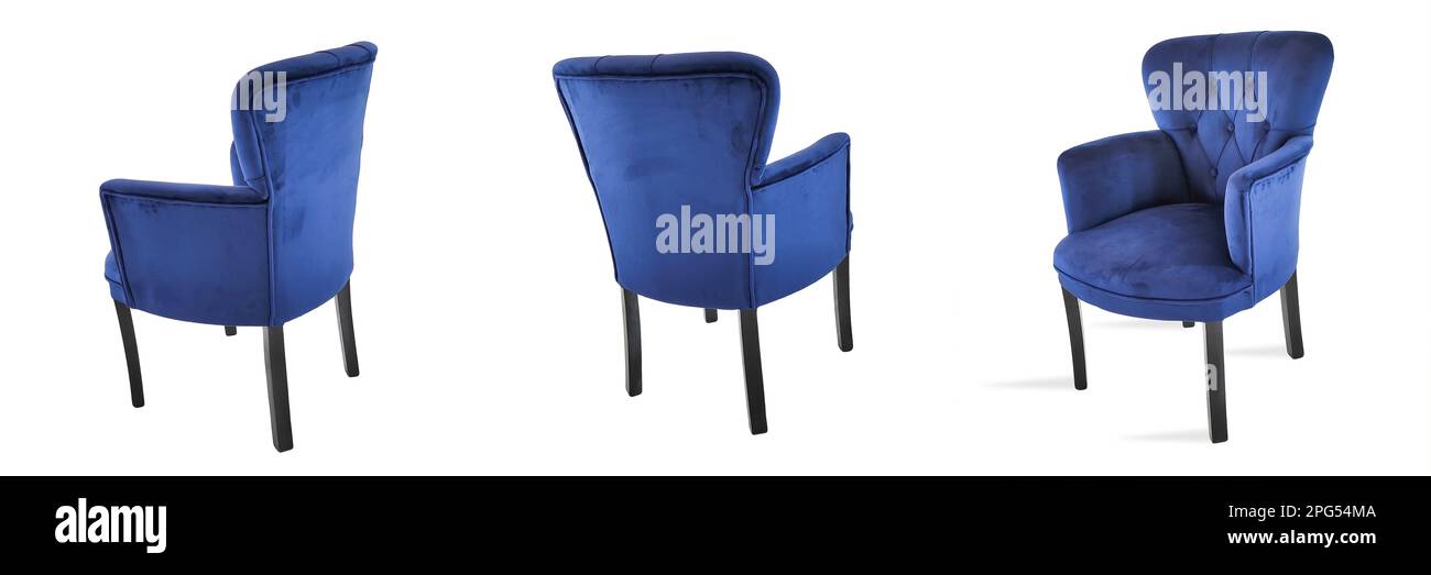 Single blue chair, Single blue wooden chair at different angles ...