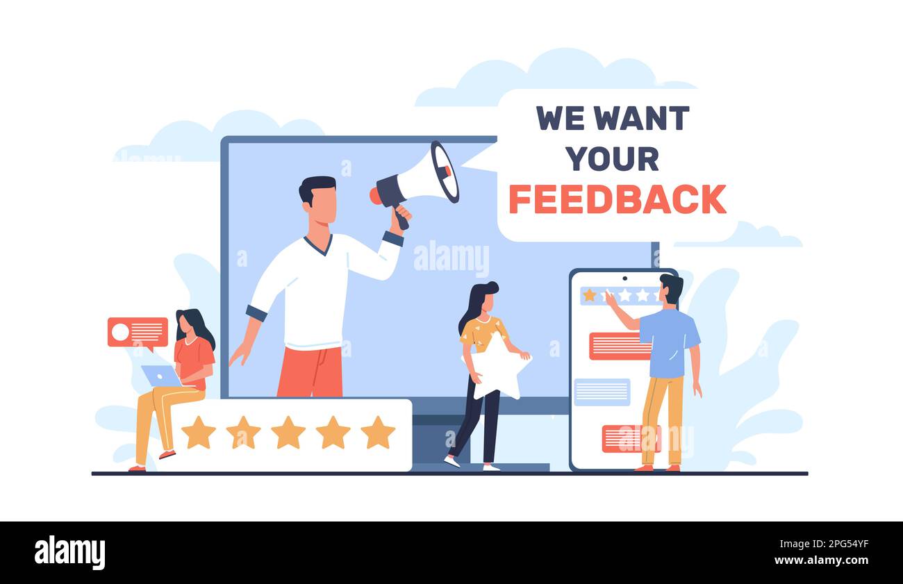 Feedback concept, man with loudspeaker asks customers to leave feedback. Huge smartphone and ...