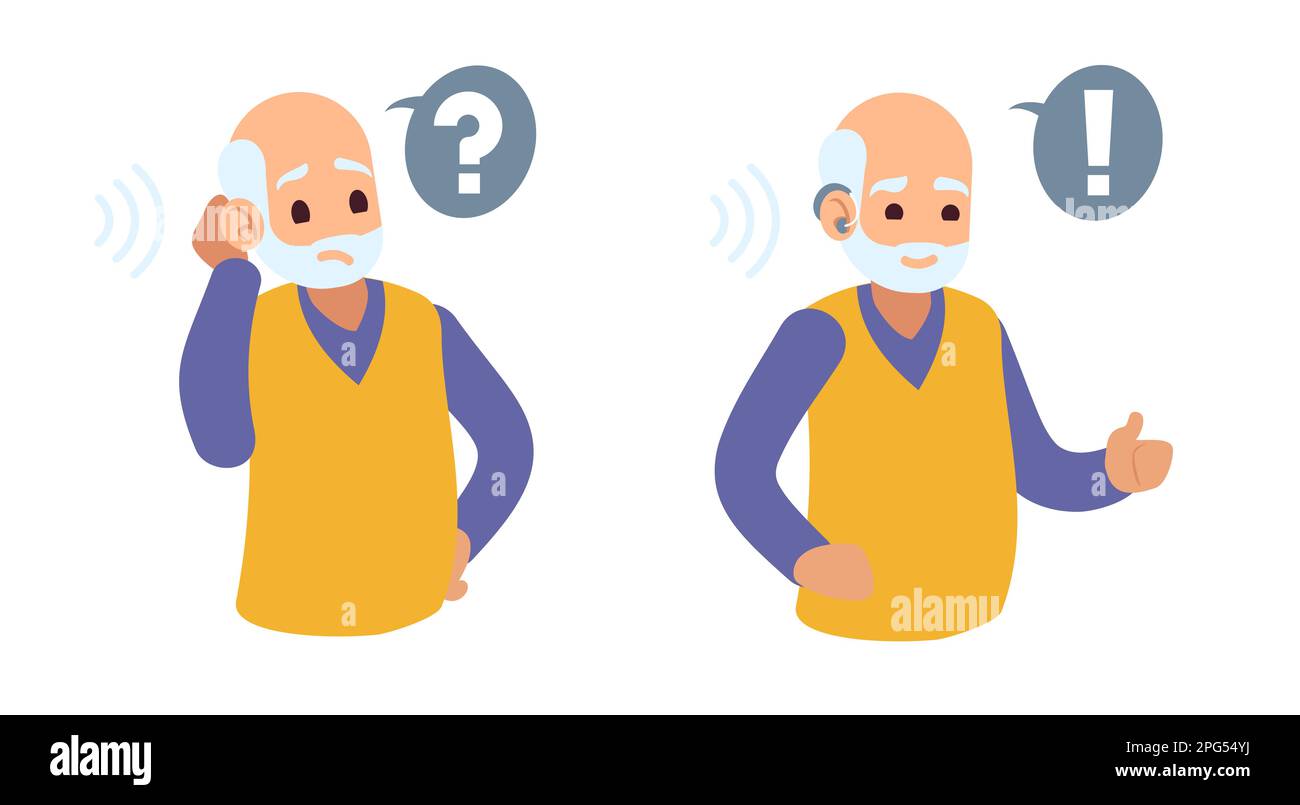 Elderly man is deaf, old man is wearing hearing aid and he hears well ...
