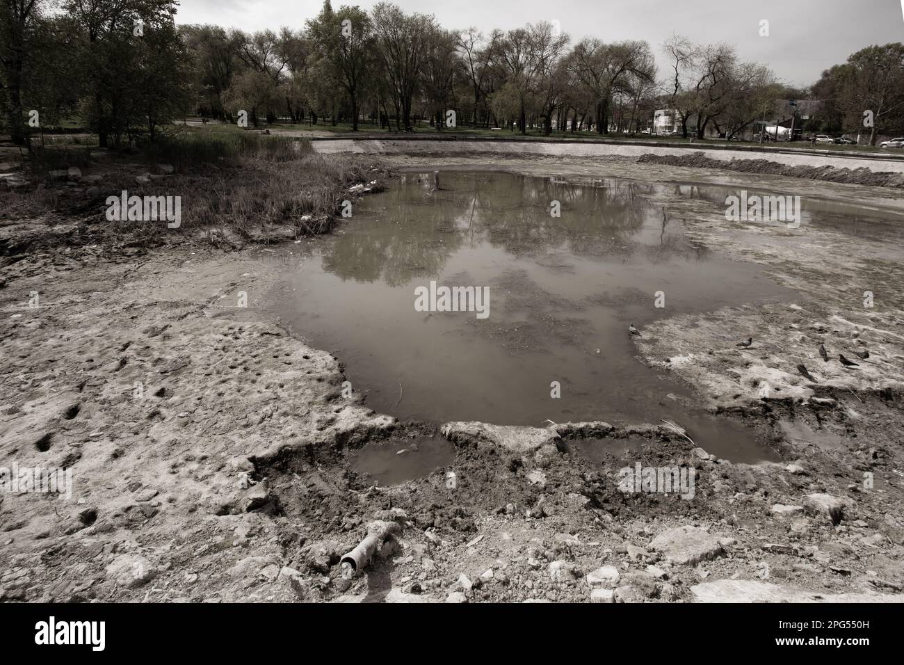 Ecological catastrophy. Drying lake in city park. Dry swamp lake ...